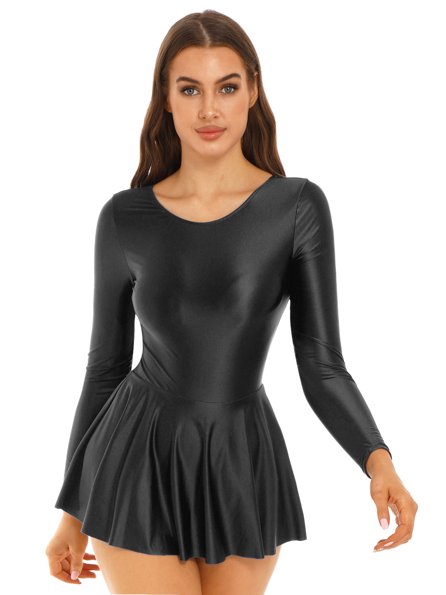 YIZYIF Womens Glossy Ruffled Mini Dress Leotard Sleepwear Long Sleeve ...