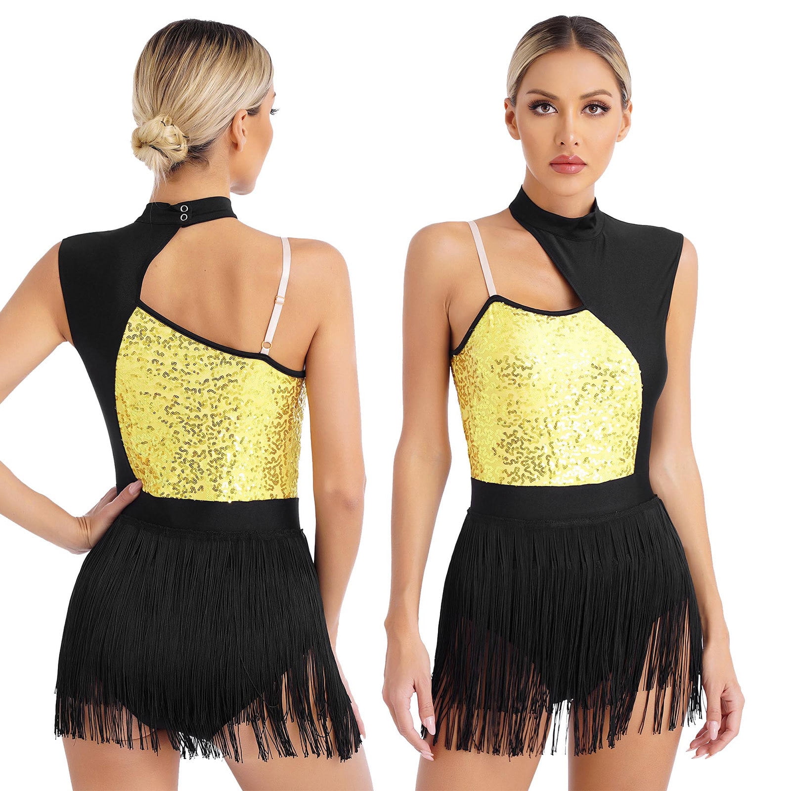 YIZYIF Womens Jazz Latin Dance Performance Leotard Sequins Tassels Hem ...