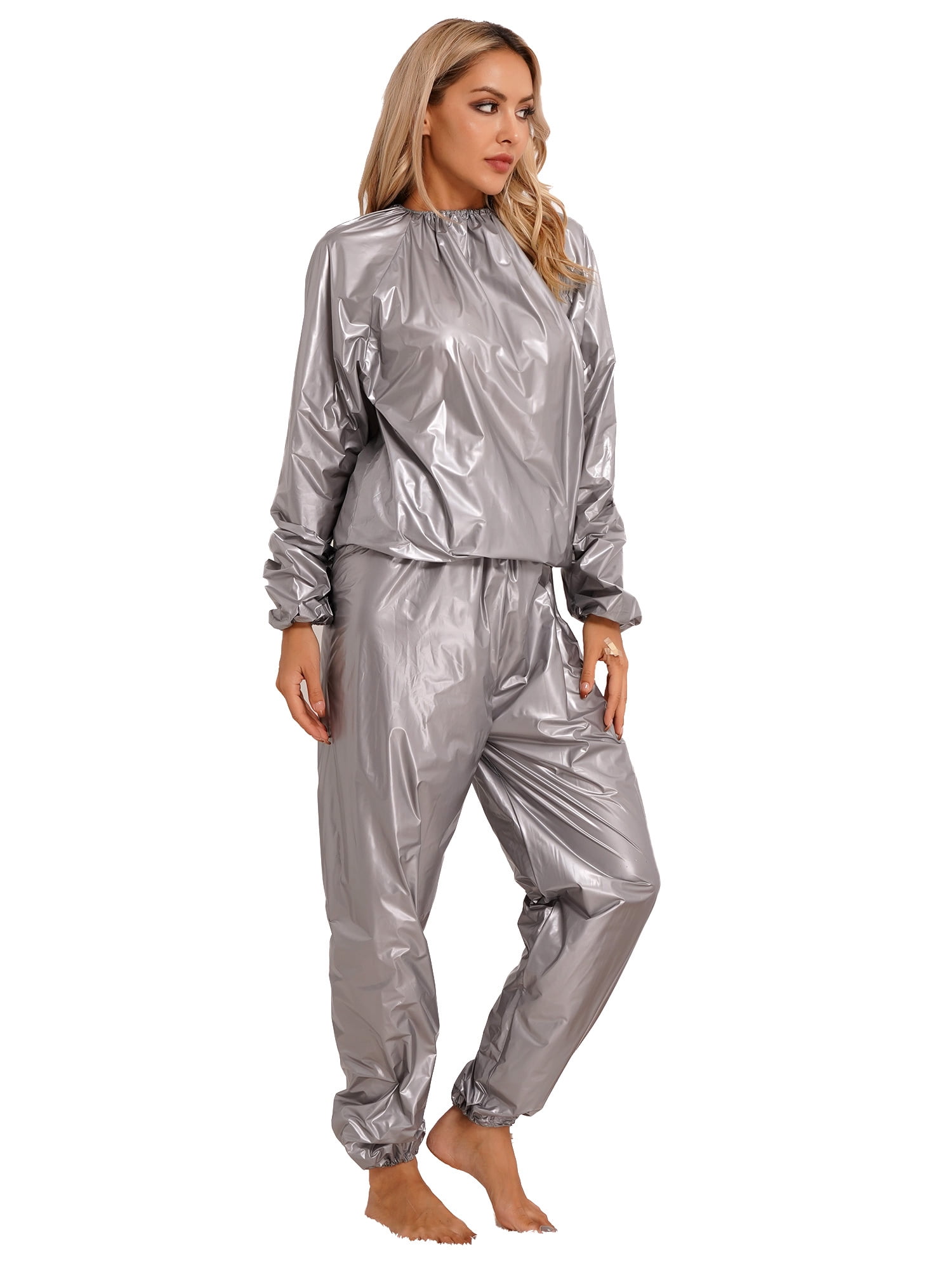 YIZYIF Womens Long Sleeve PVC Sauna Suit Elastic Cuffs Tops with Pants ...