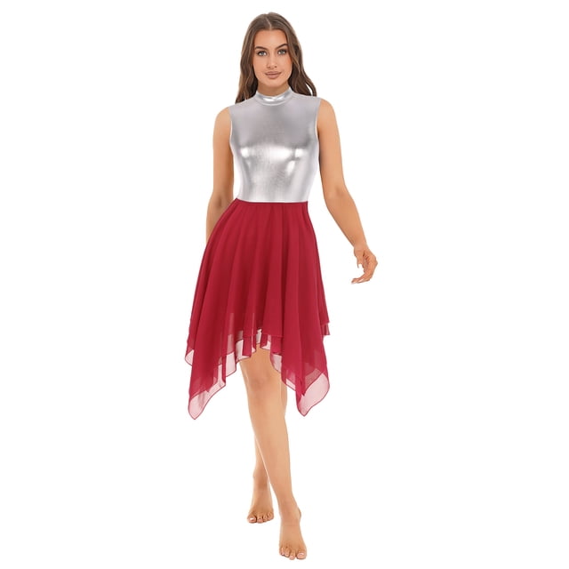 YIZYIF Womens Metallic Color Contrast Lyrical Dance Dress Irregular Hem ...