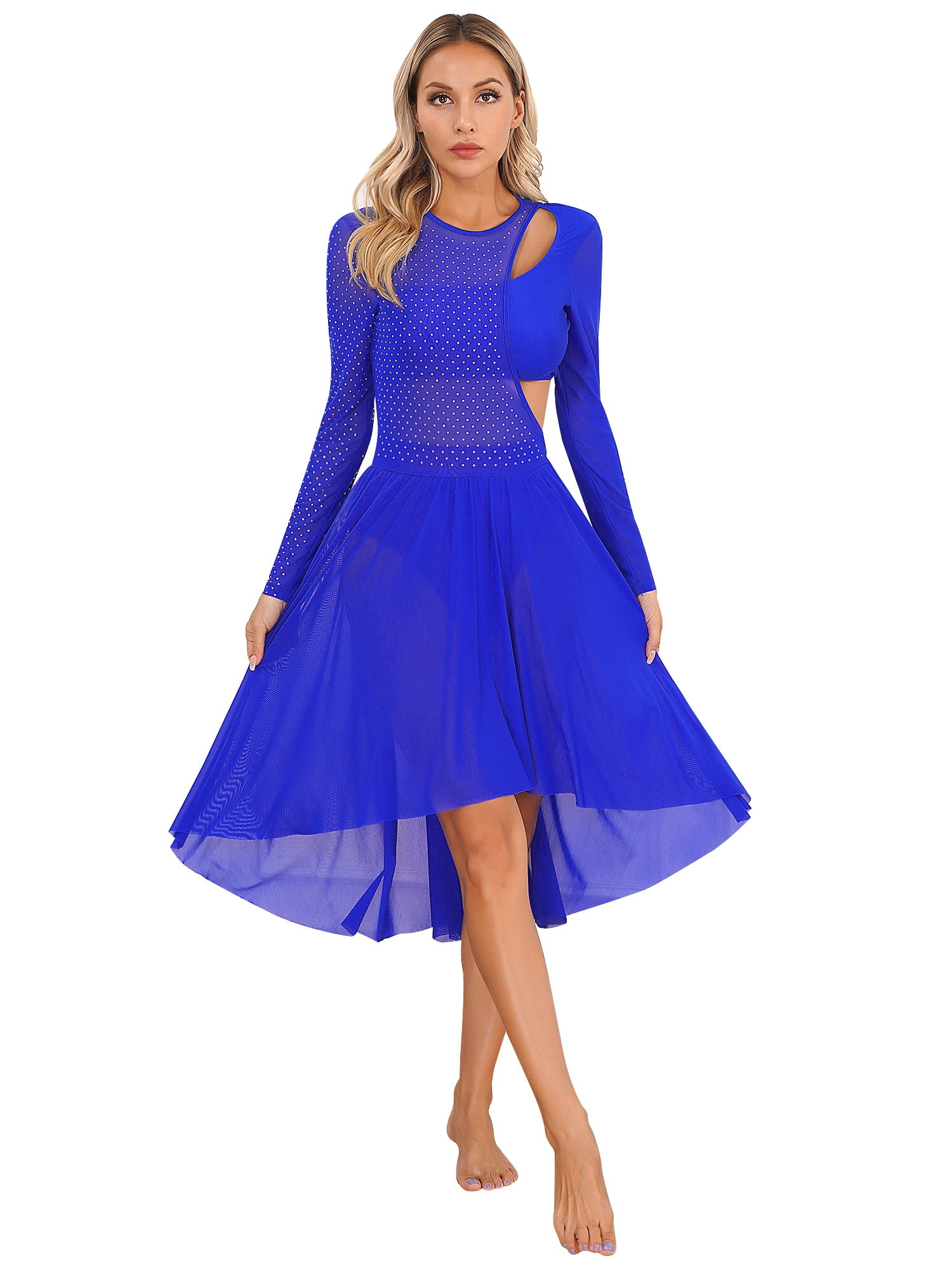 YIZYIF Womens Modern Lyrical Dance Dress Rhinestone Mesh Patchwork ...