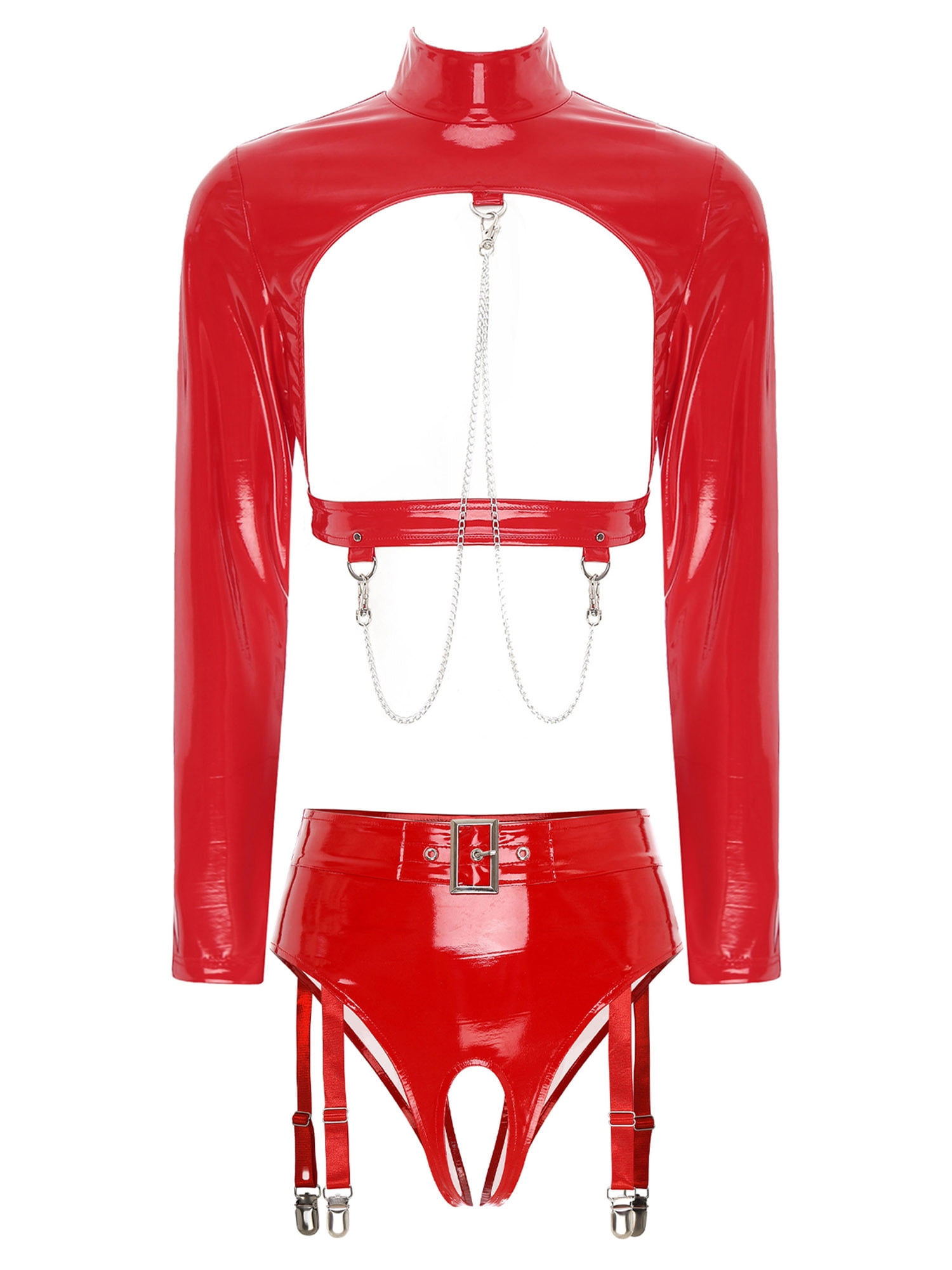 Yizyif Womens Patent Leather Lingerie Set Wet Look Long Sleeve Crop Top With High Waist Garter