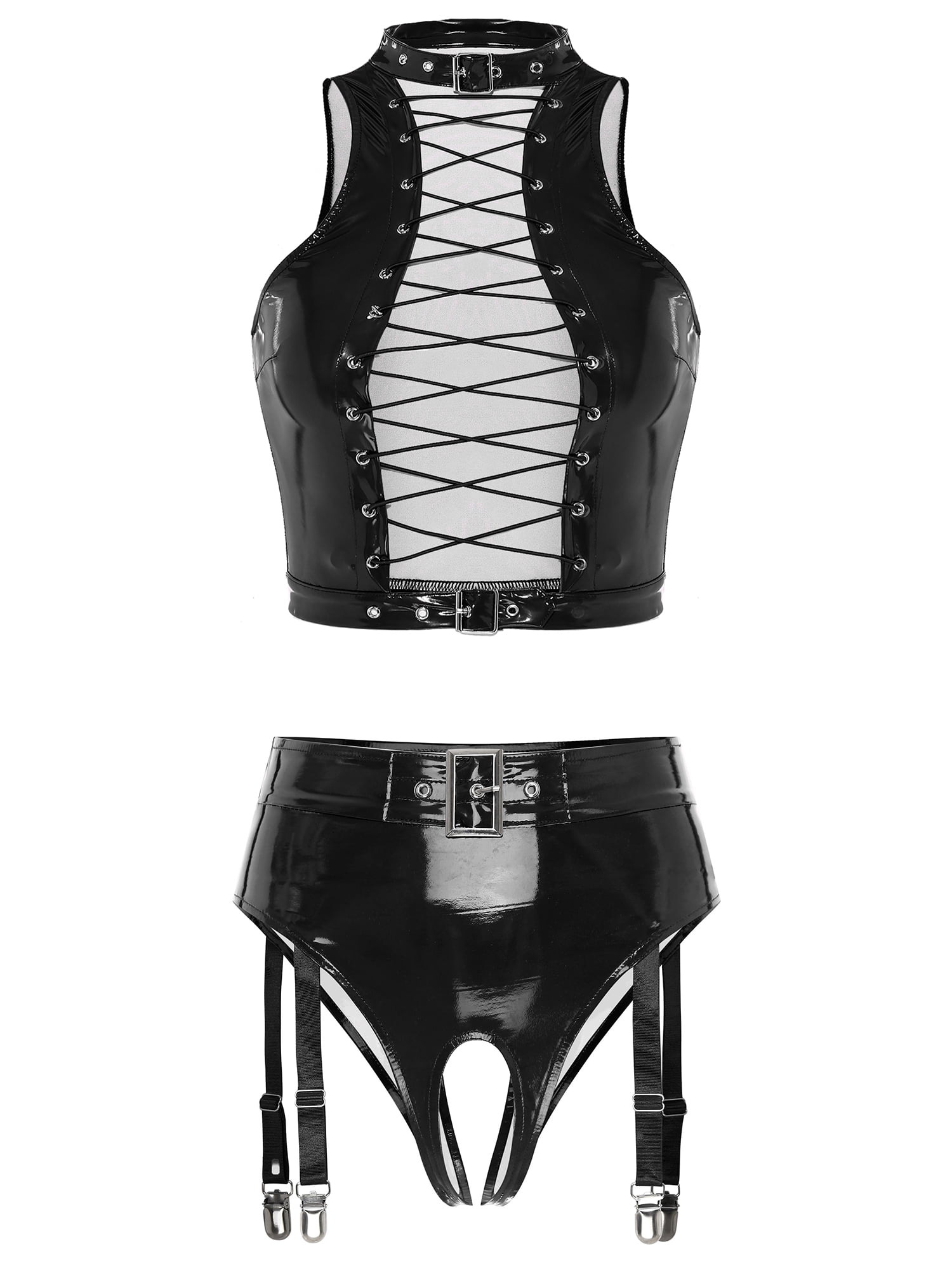 Yizyif Womens Shiny Latex Rave Outfit Set Lace Up Crop Top With Garter