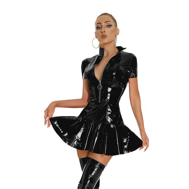 Yizyif Womens Shiny Patent Leather Dress Wet Look Short Sleeve Zip Front Flare Skater Mini Dress