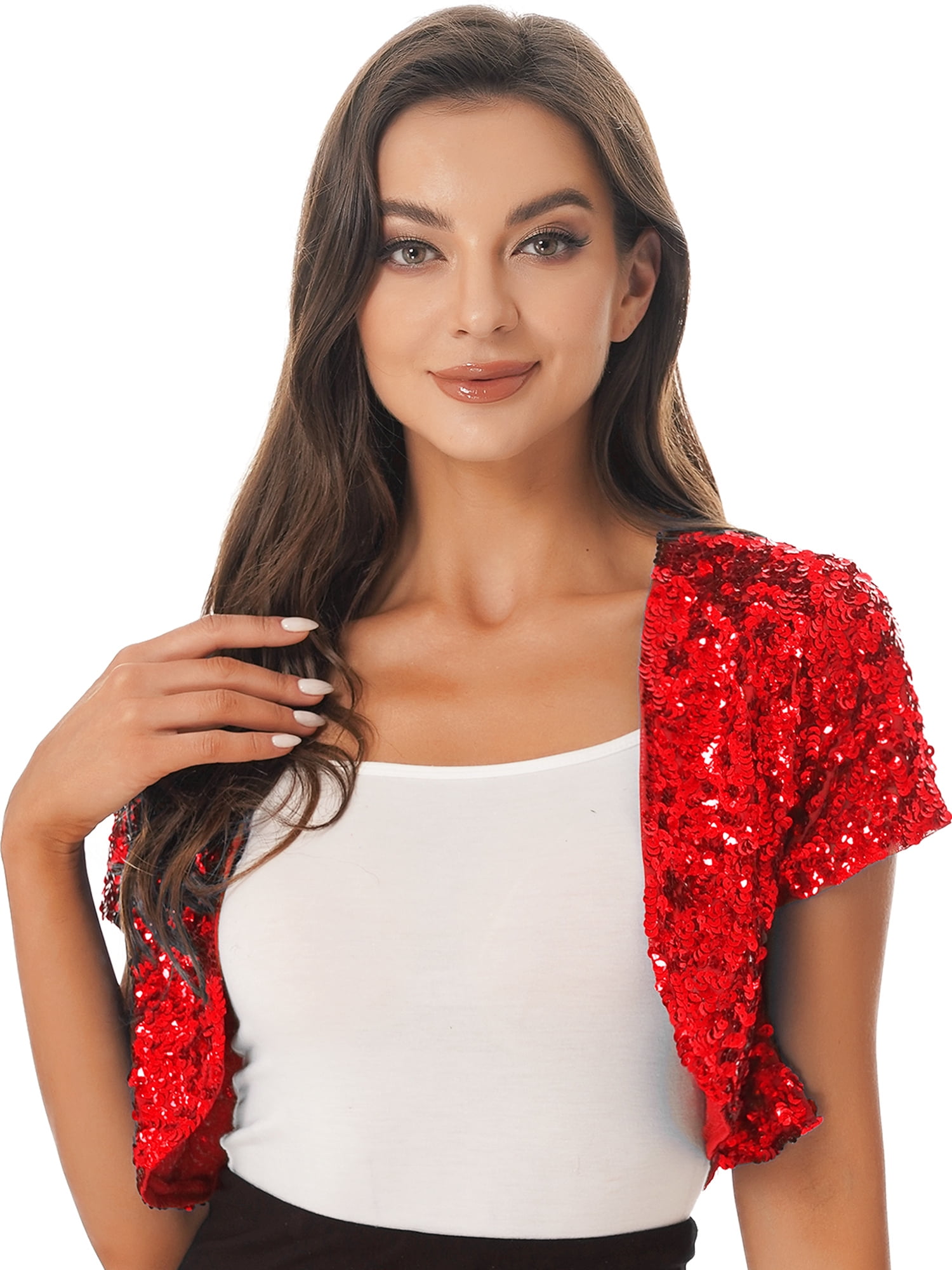 YIZYIF Womens Short Sleeve Cardigan Allover Shiny Sequins Cropped Shawl ...