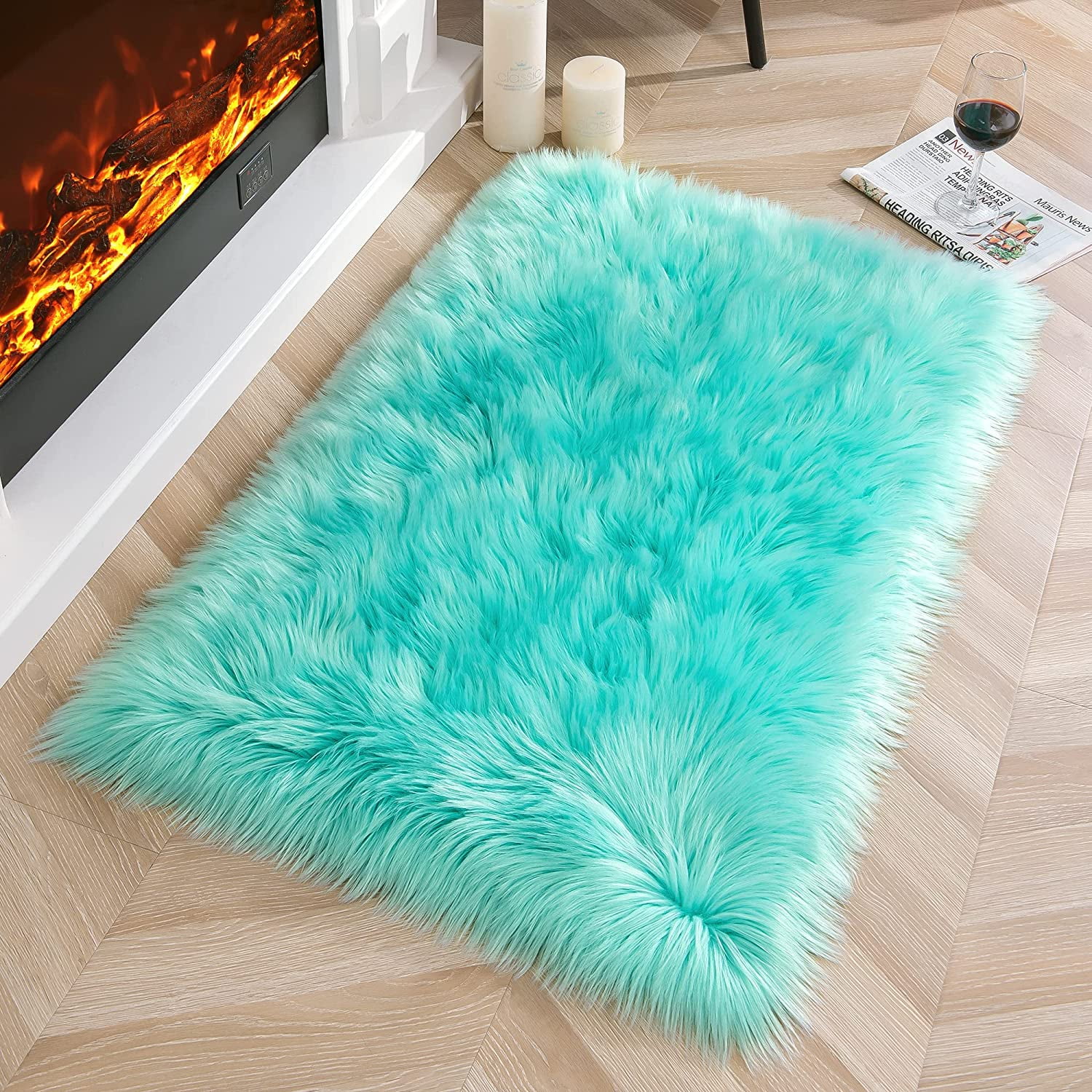 YJ.GWL Fluffy Faux Sheepskin Plush Area Rug Soft Fuzzy Rugs Floor Carpet for Bedroom Living Room ...