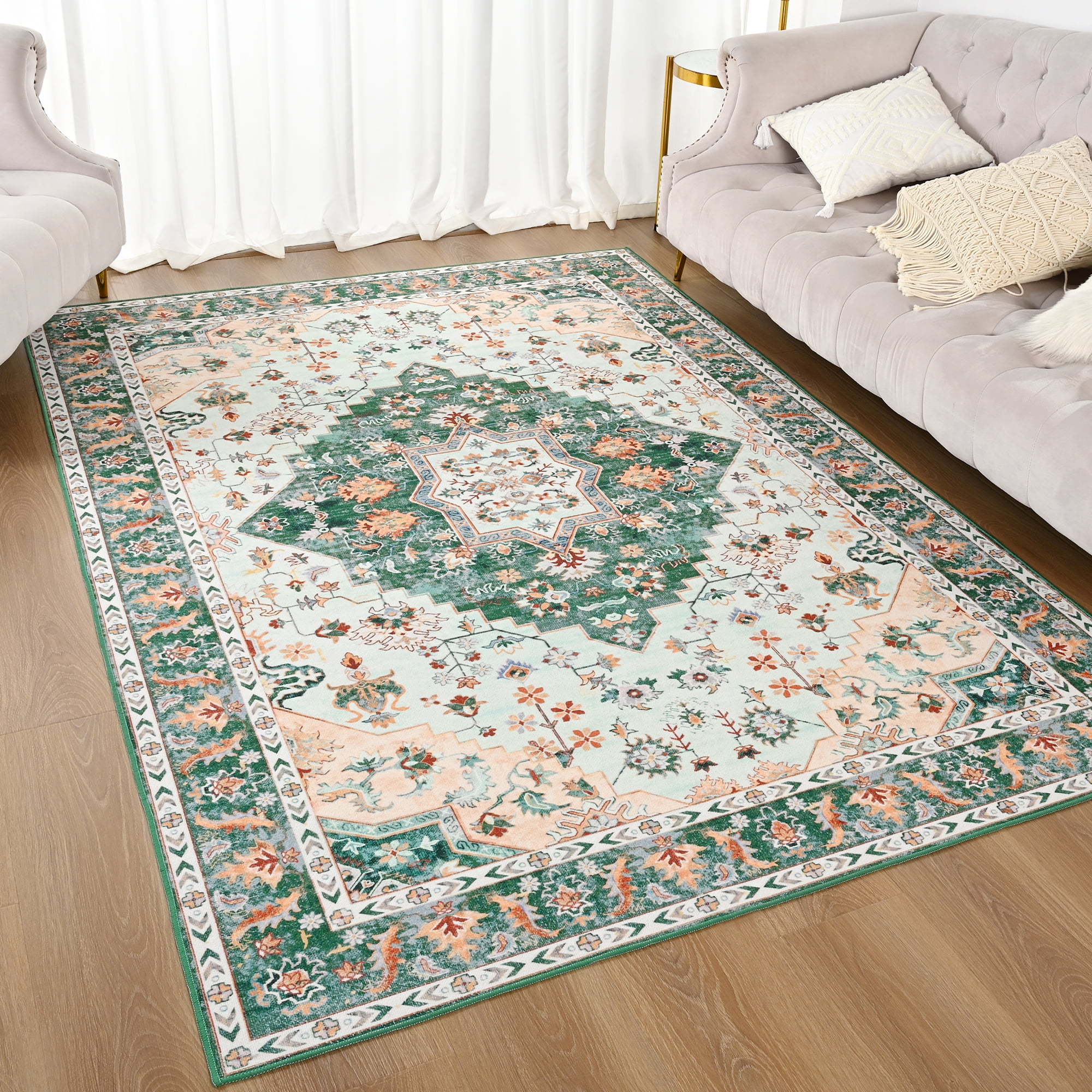 YJ.GWL Soft Boho Area Rug Vintage Floral Print Rugs Low-Pile Accent ...