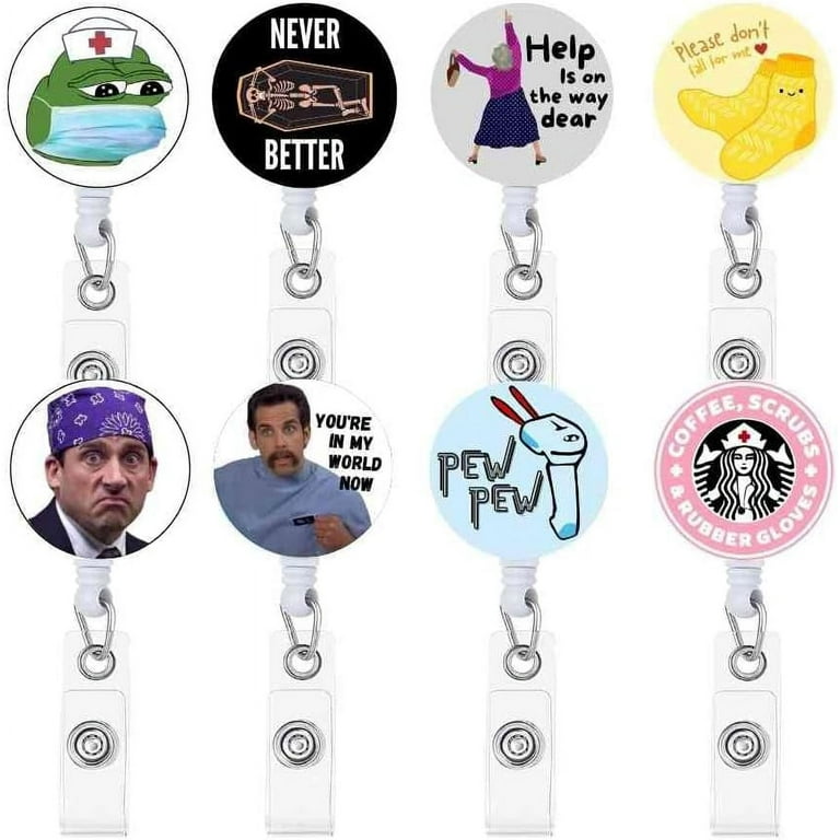 YJ PREMIUMS 8pc Funny Badge Reel Holder Retractable with ID Clip for Nurse Nursing Name Tag Card Cute Nursing Student Doctor RN Medical Assistant Work