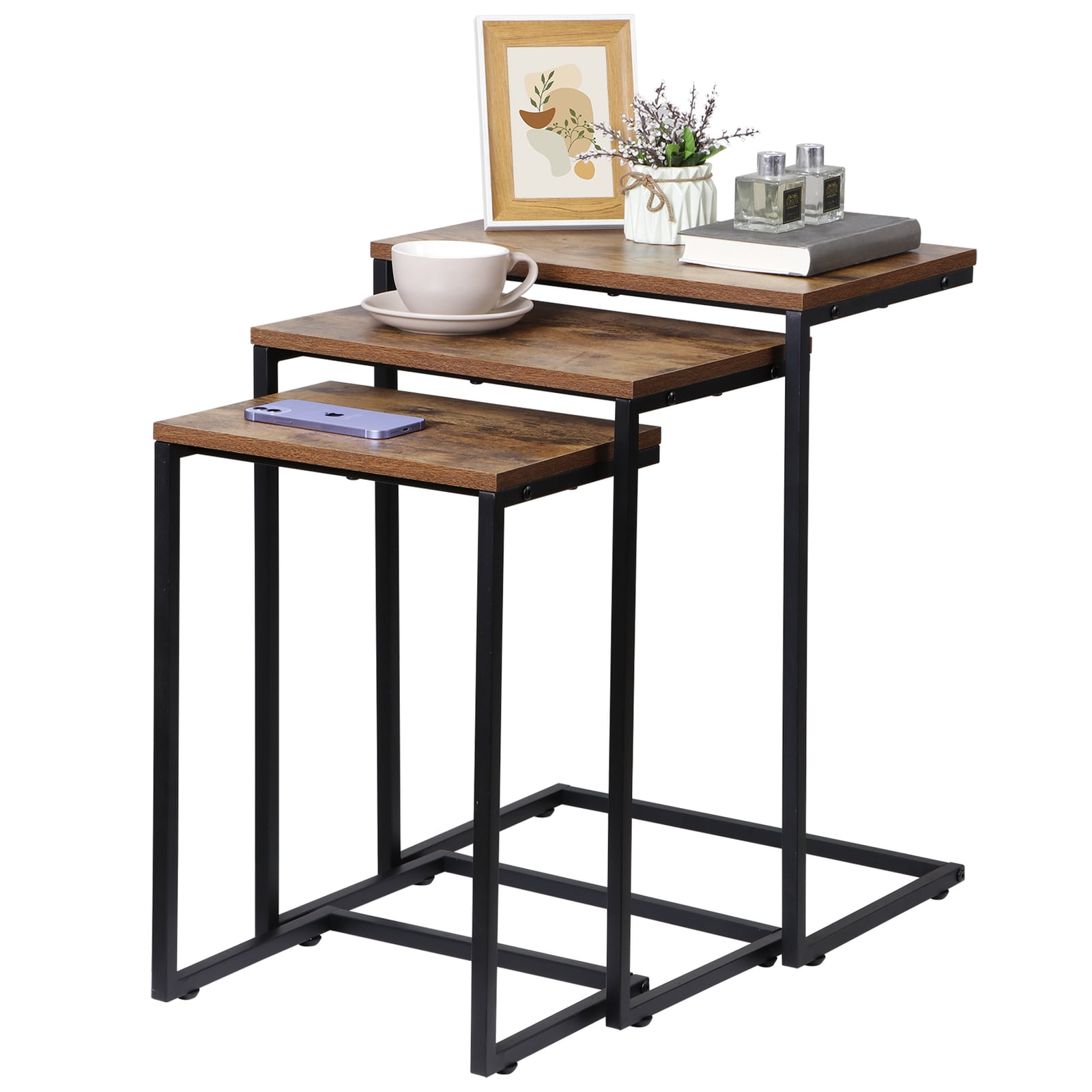 YJETYH Chestnut C-Shaped End Table, 3-Tier Staggered Height Side Table ...