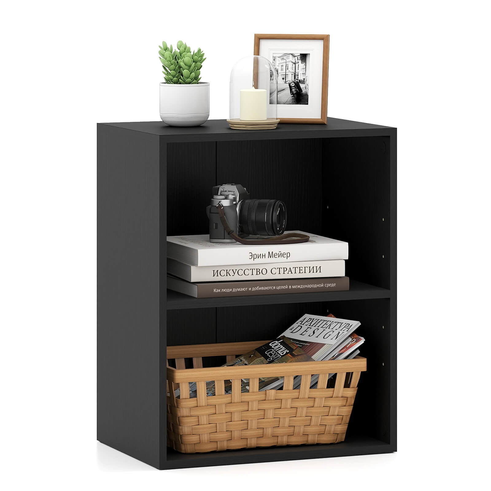 YJETYH black 2-grid bookshelf with 5 adjustable shelves, display ...