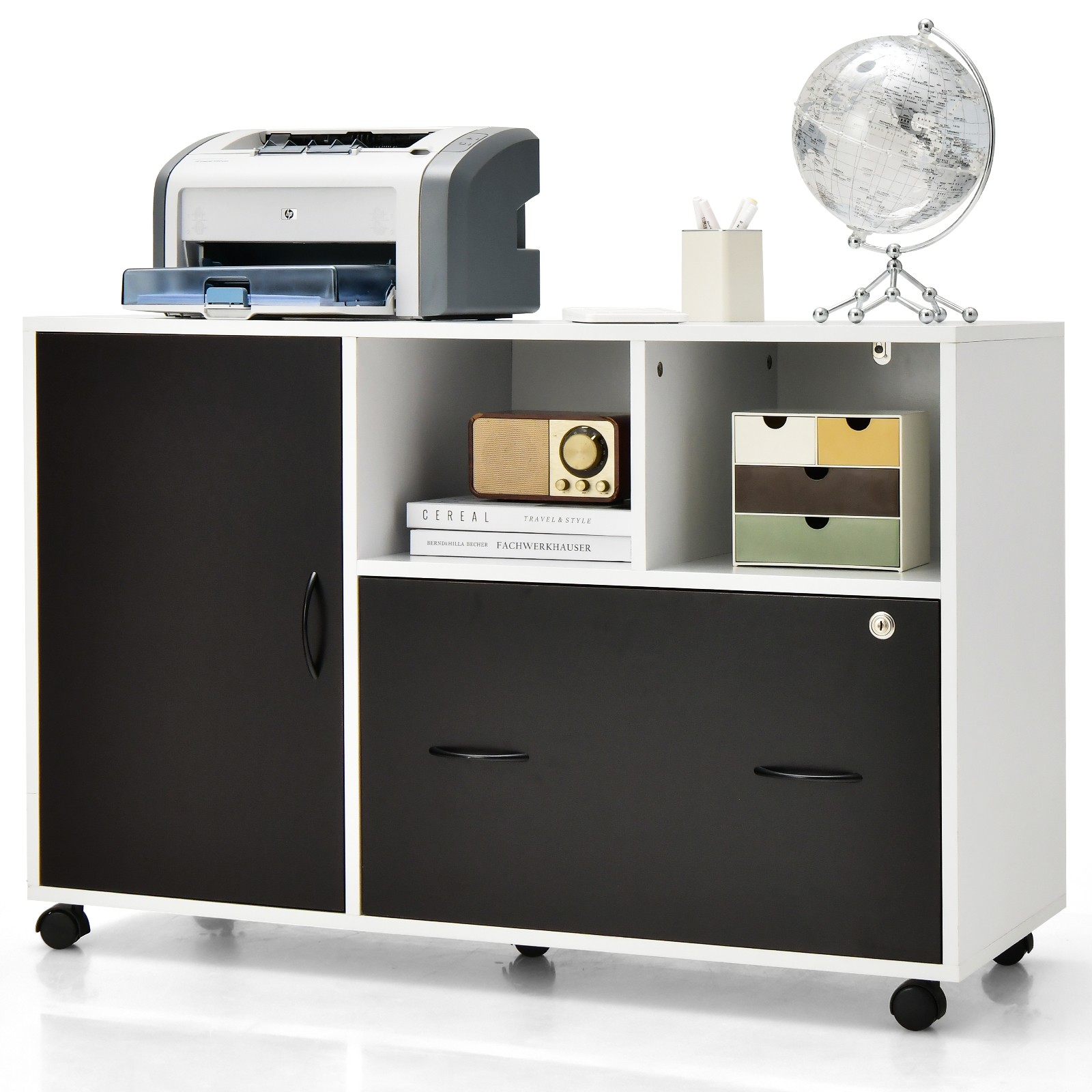 YJETYH modern side opening file cabinet with lock, white brown color ...