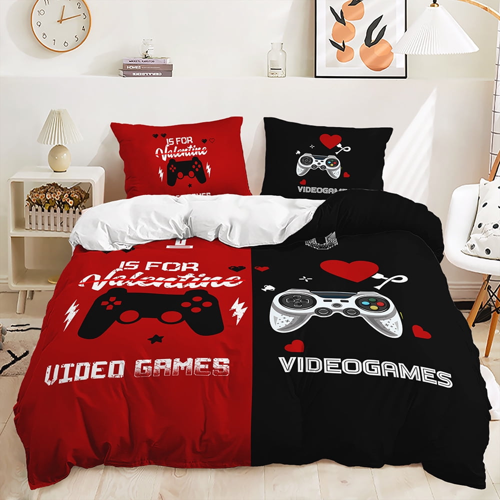 YJHDM 3D Gaming Bedding Set Red and Black Down Duvet Cover Pillowcases ...