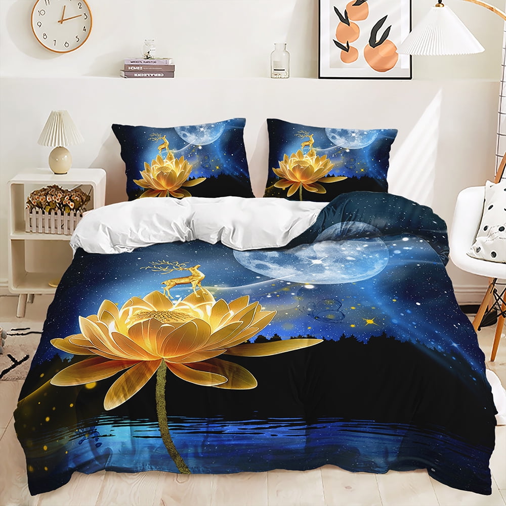 YJHDM 3D Golden Lotus Bedding Set King Queen Bed Duvet Cover Pillow ...