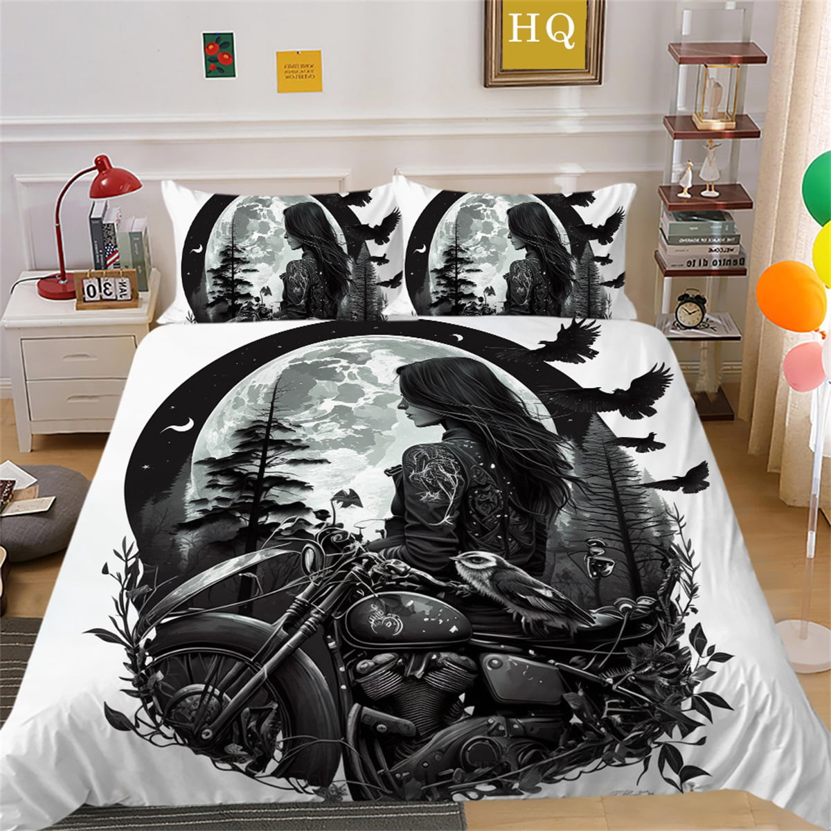 YJHDM 3D Motorcycle Women's Bedding Set Crow Duvet Cover Pillow Case 2 ...