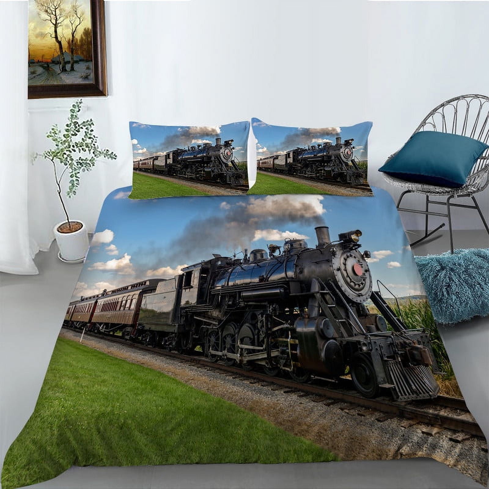 YJHDM 3D Retro Train Bedding Set King Queen Bed Cover Pillowcase 2/3pcs ...