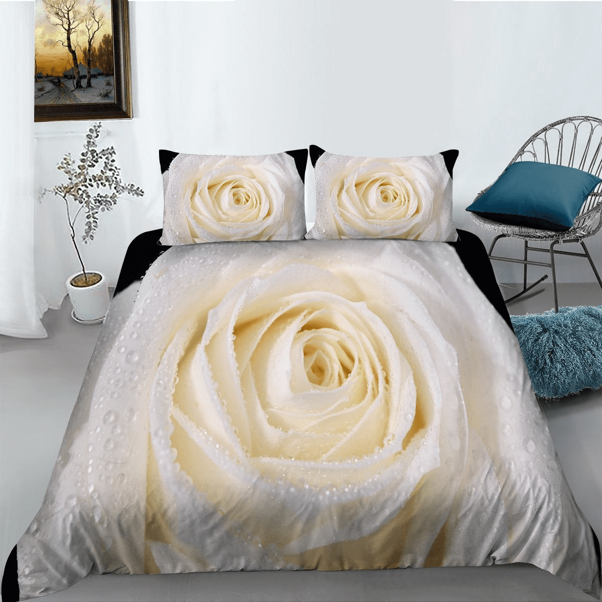 YJHDM 3D White Rose Bedding Set White Down Duvet Cover Pillowcase 2 ...
