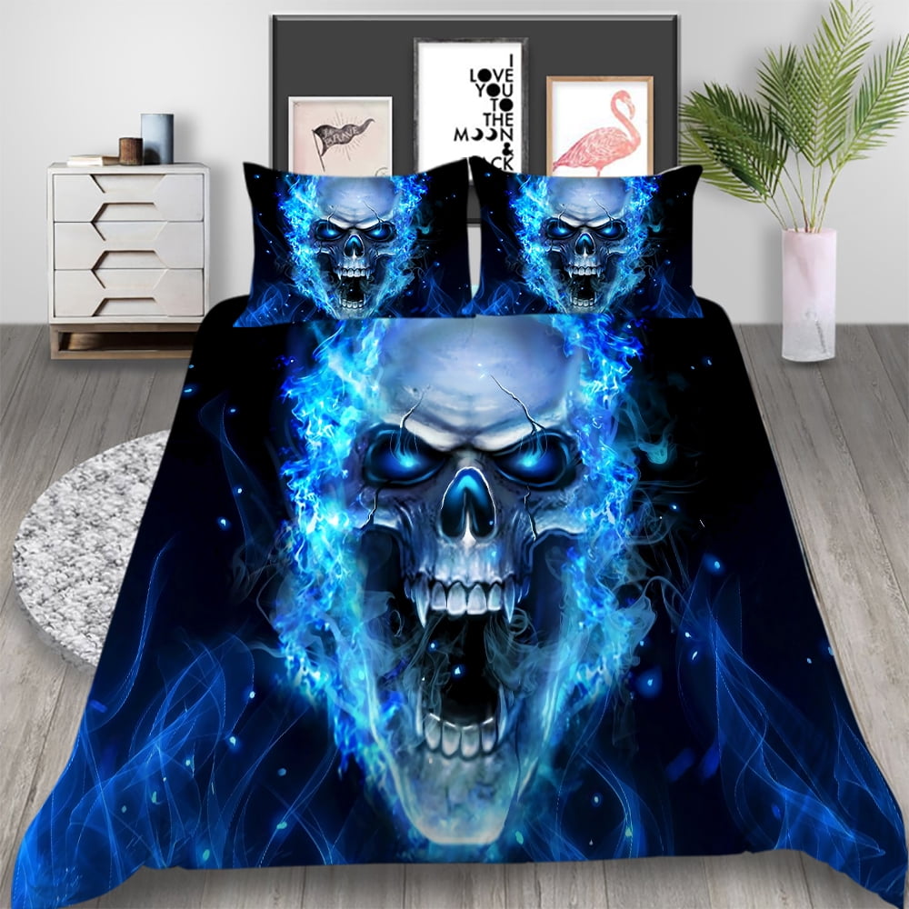YJHDM Blue Flame Skull Bedding Set 3D Printed Down Duvet Cover Pillow ...