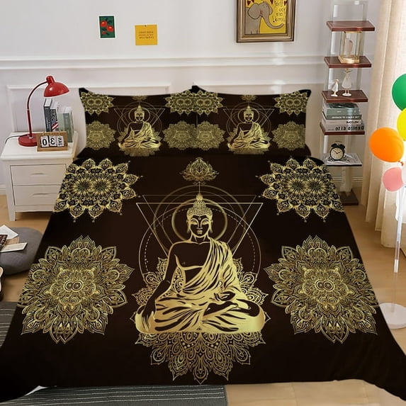 YJHDM Bohemian Black Bedding Set 3D Gold Buddha Statue Duvet Cover ...