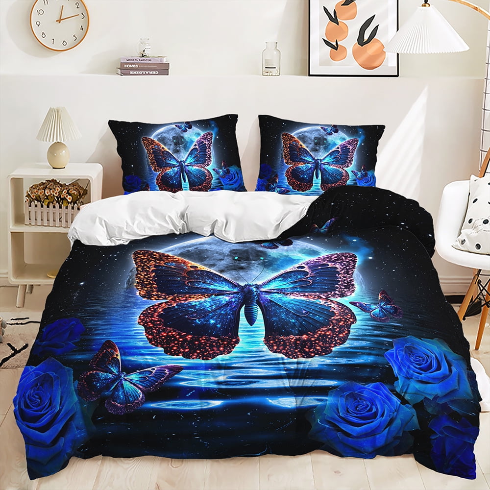 YJHDM Butterfly Blue Rose Bedding Set Lightweight Soft 3D HD Printed ...