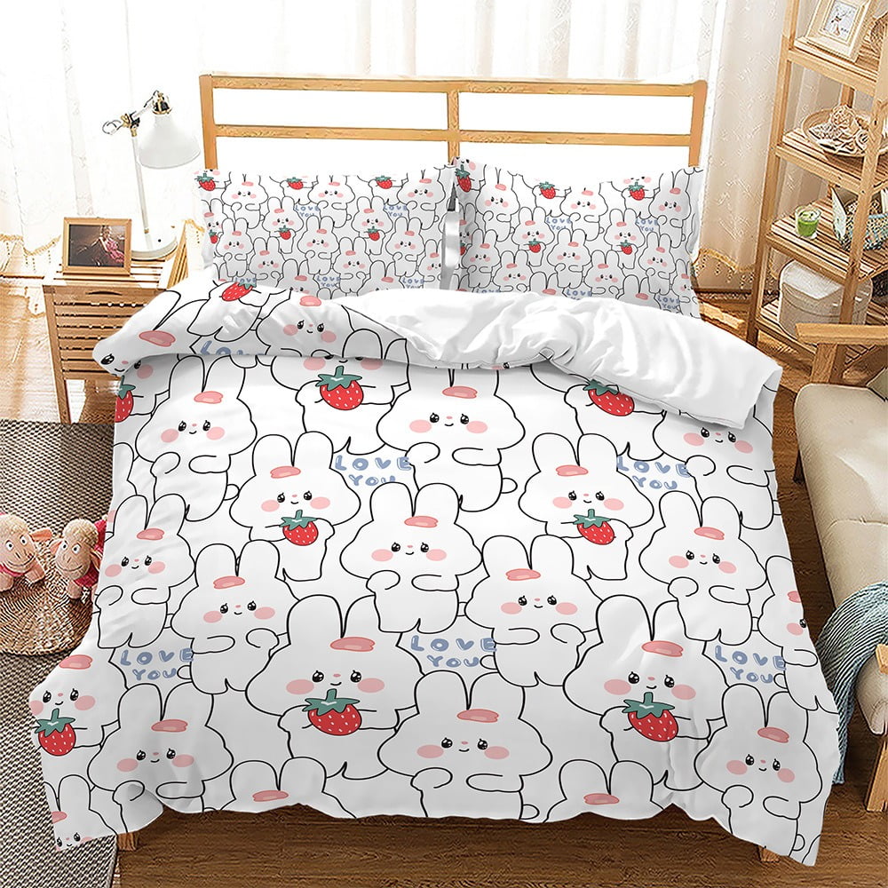 YJHDM Cartoon Rabbit Bedding Set, 3D White Duvet Cover, Pillowcase Girl ...