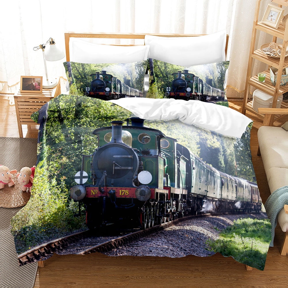 YJHDM Forest Train Bedding Set 3D Steam Retro Train Duvet Cover ...