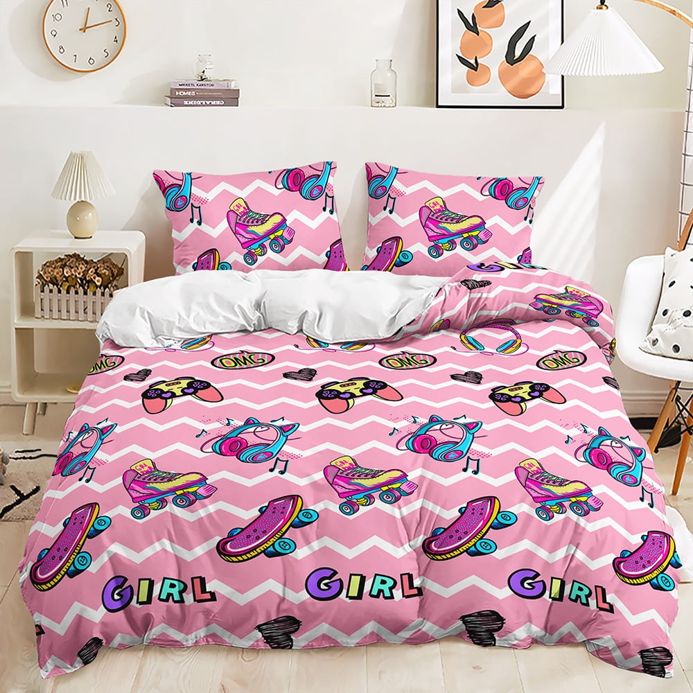 YJHDM Pink Girls Bedding Set 3D Game Handle Roller Skating Shoes Down ...