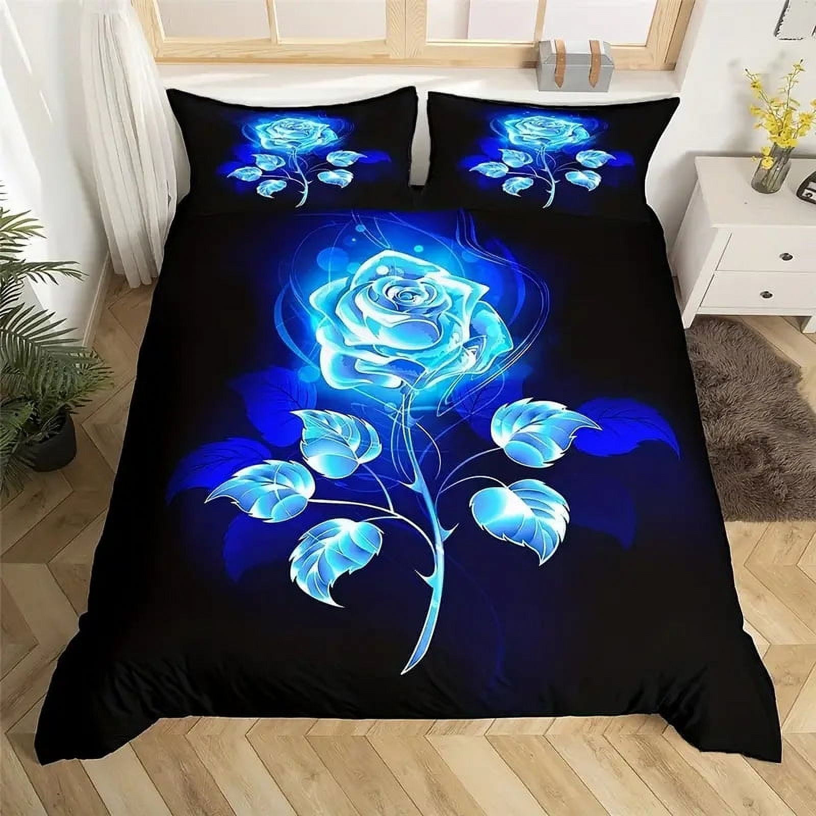 YJHDM Radiant Blue Rose Bedding Set 3D Women and Girls Duvet Cover ...