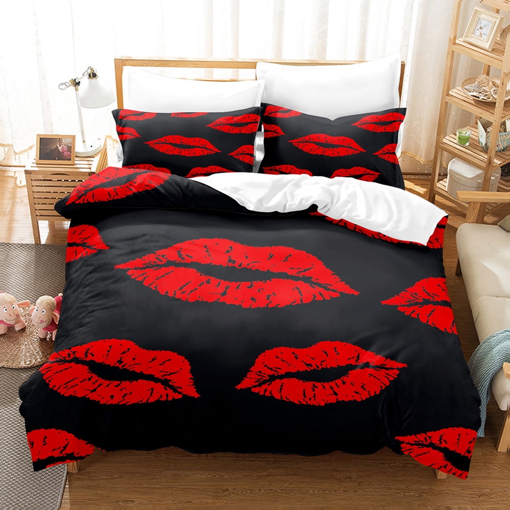 YJHDM Sexy Red Lip Bedding Set 3D Black Duvet Cover Pillowcase 2/3 ...