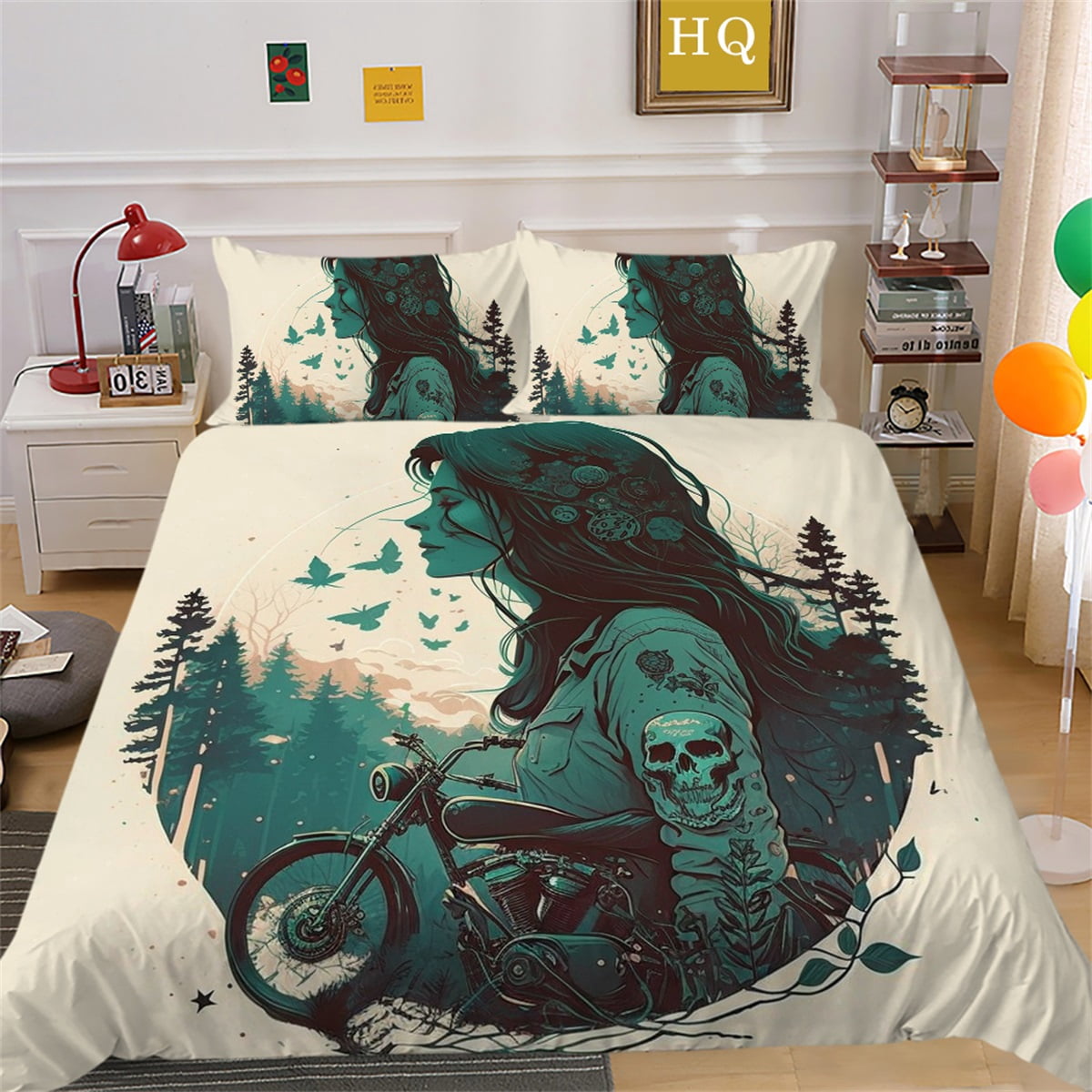YJHDM Soft Motorcycle Bedding Set 3D Skull Women's Pattern Down Duvet ...