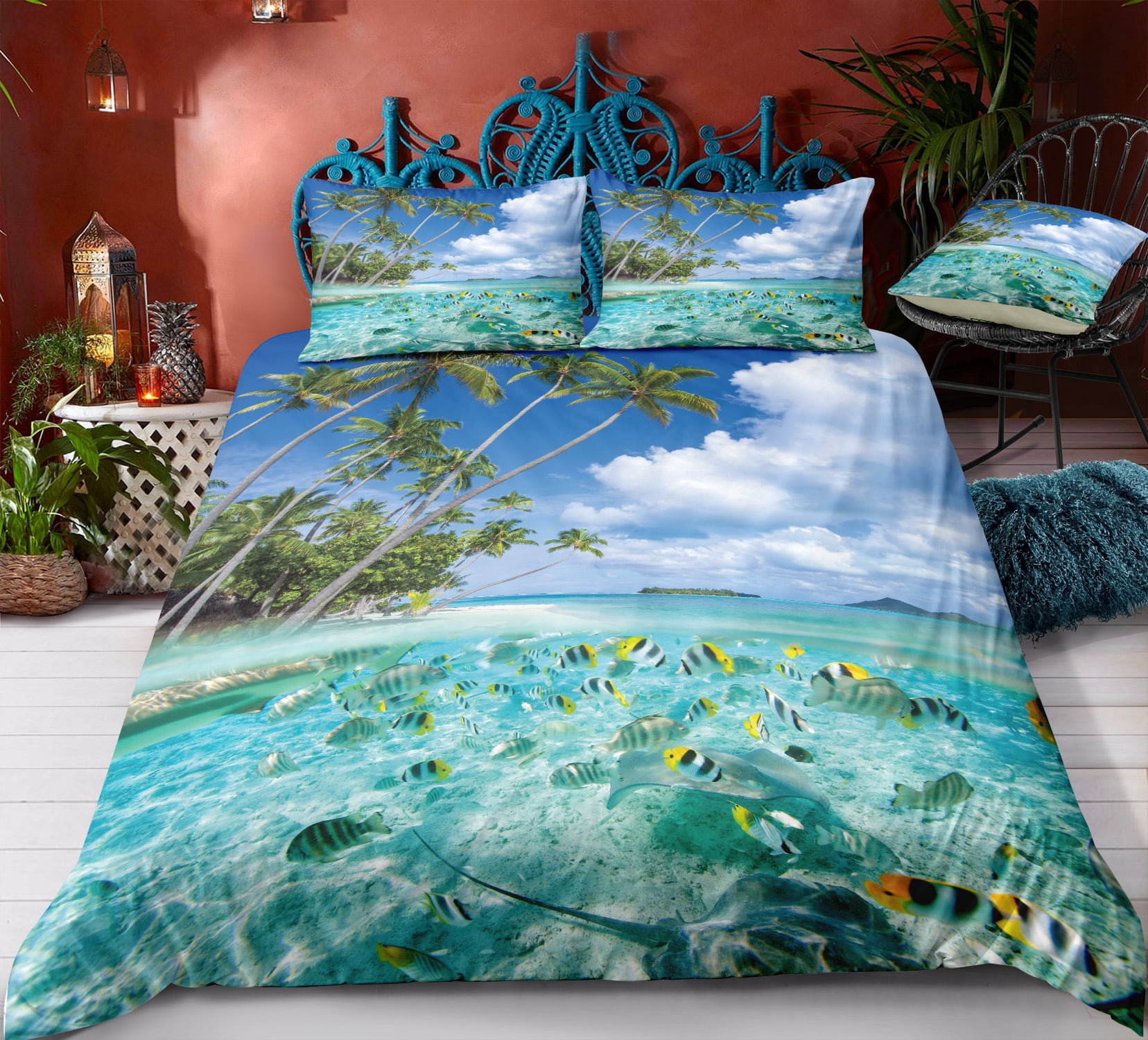 YJHDM Summer Ocean Cool Print Bedding Set 3D Ocean View Duvet Cover ...