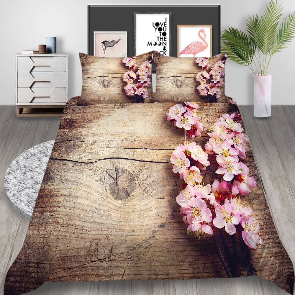 YJHDM Woodgrain Pattern Bedding Set 3D Flower Duvet Cover Pillowcase 2/ ...