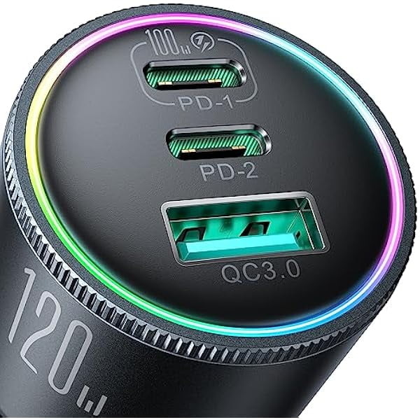 YJJSKEJI 120W Super Fast Car Charger USB C, 3-Port PD100W+PD35W Car ...