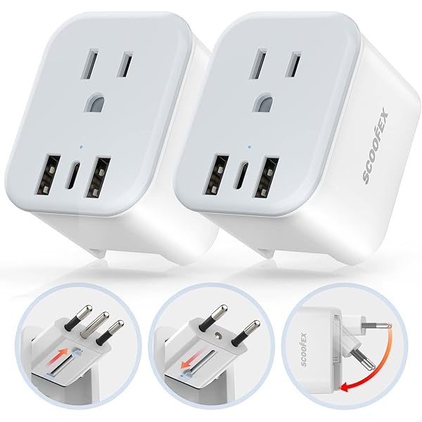 YJJSKEJI 2 Pack Foldable European Travel Plug Adapter with 3 USB (1 USB ...