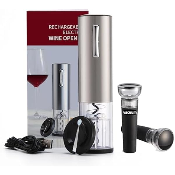 YJJSKEJI Electric Wine Opener Set, Rechargeable With 2 Vacuum Stoppers ...
