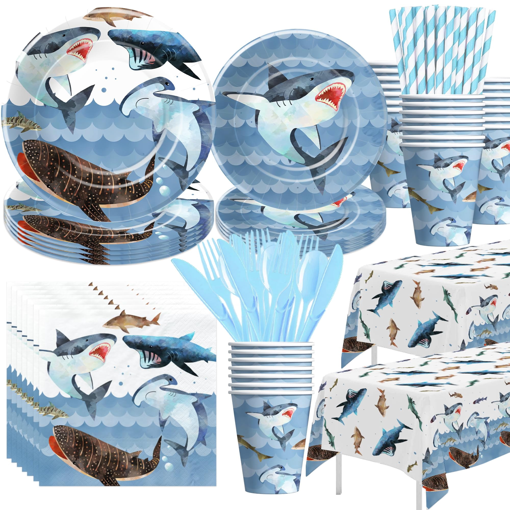 YJRJSC Shark Birthday Decorations Tableware - Ocean Under The Sea Shark ...