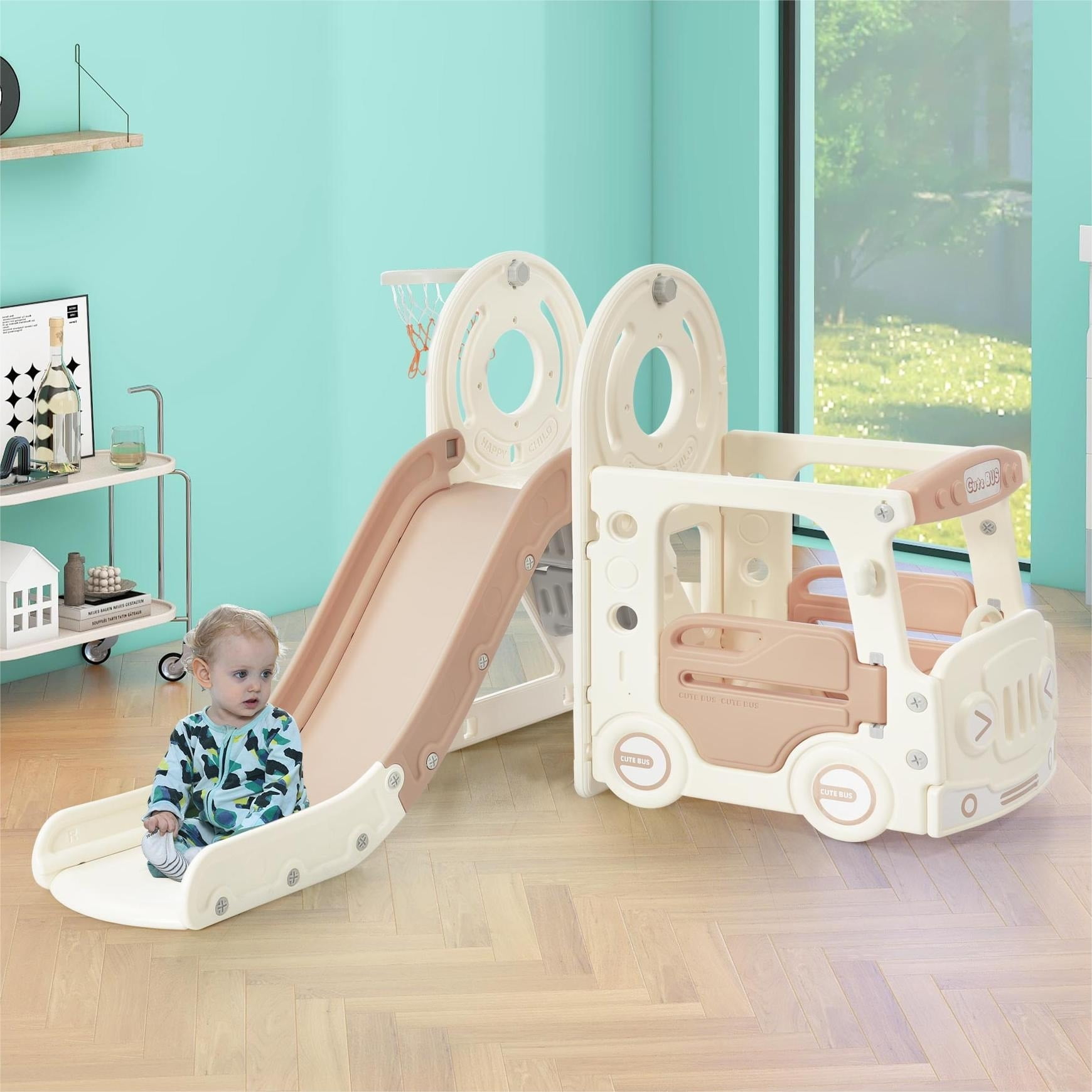 YJTONWIN Kids Slide Set With Bus Play Structure And Basketball Hoop ...