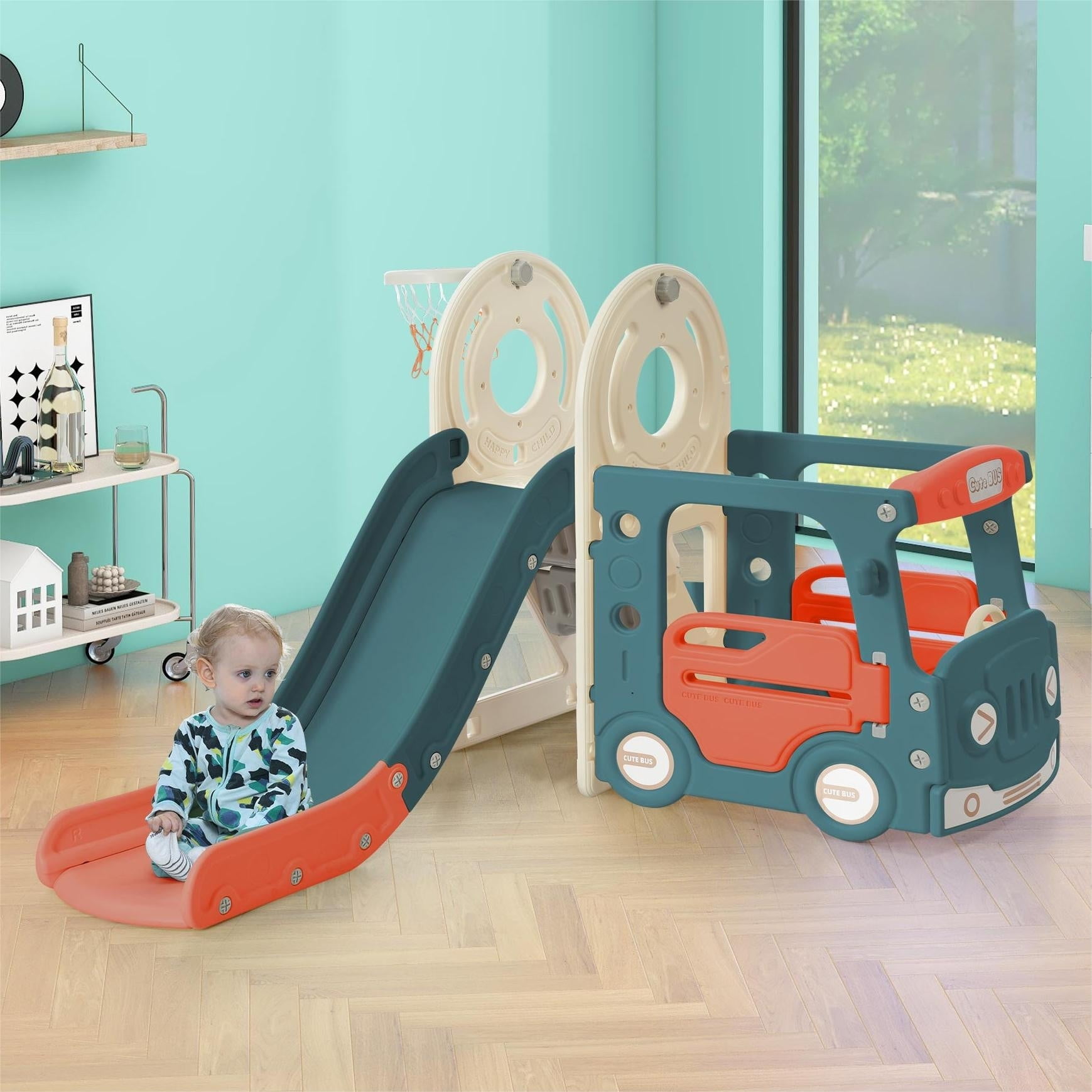 YJTONWIN Kids Slide Set With Bus Play Structure And Basketball Hoop Red ...