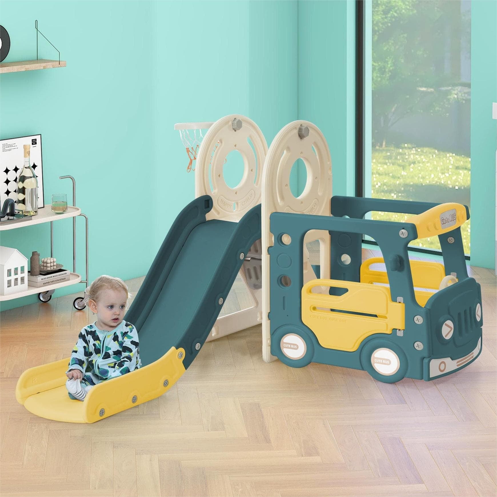YJTONWIN Kids Slide Set With Bus Play Structure And Basketball Hoop ...