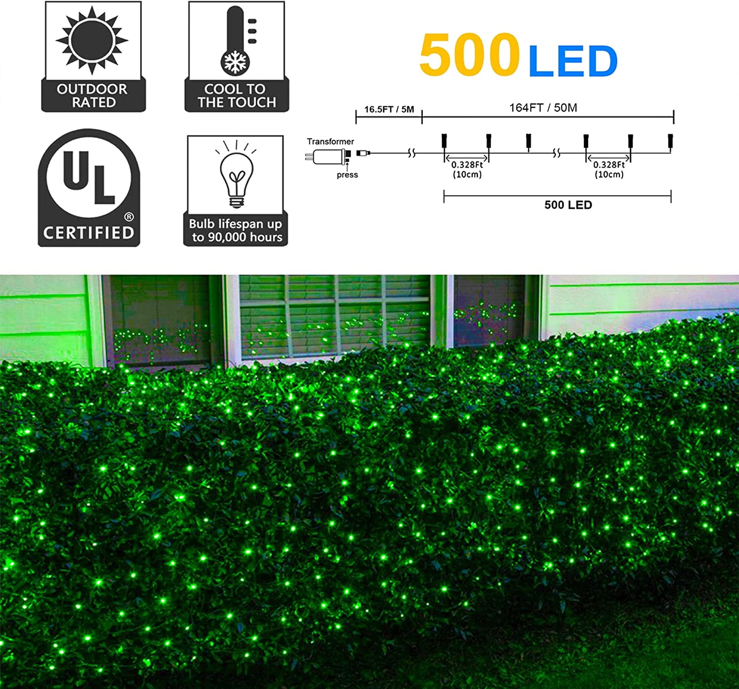 YJYASX-164Ft 500 LED Green Christmas Lights, Waterproof 8 Twinkle with ...