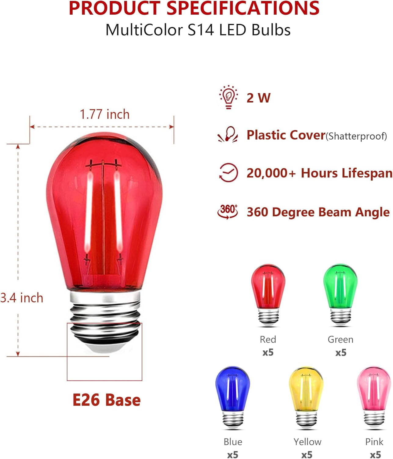 YJYASX-25 Pack S14 Colored LED Light Bulb 2 Watt Multi-Color String ...