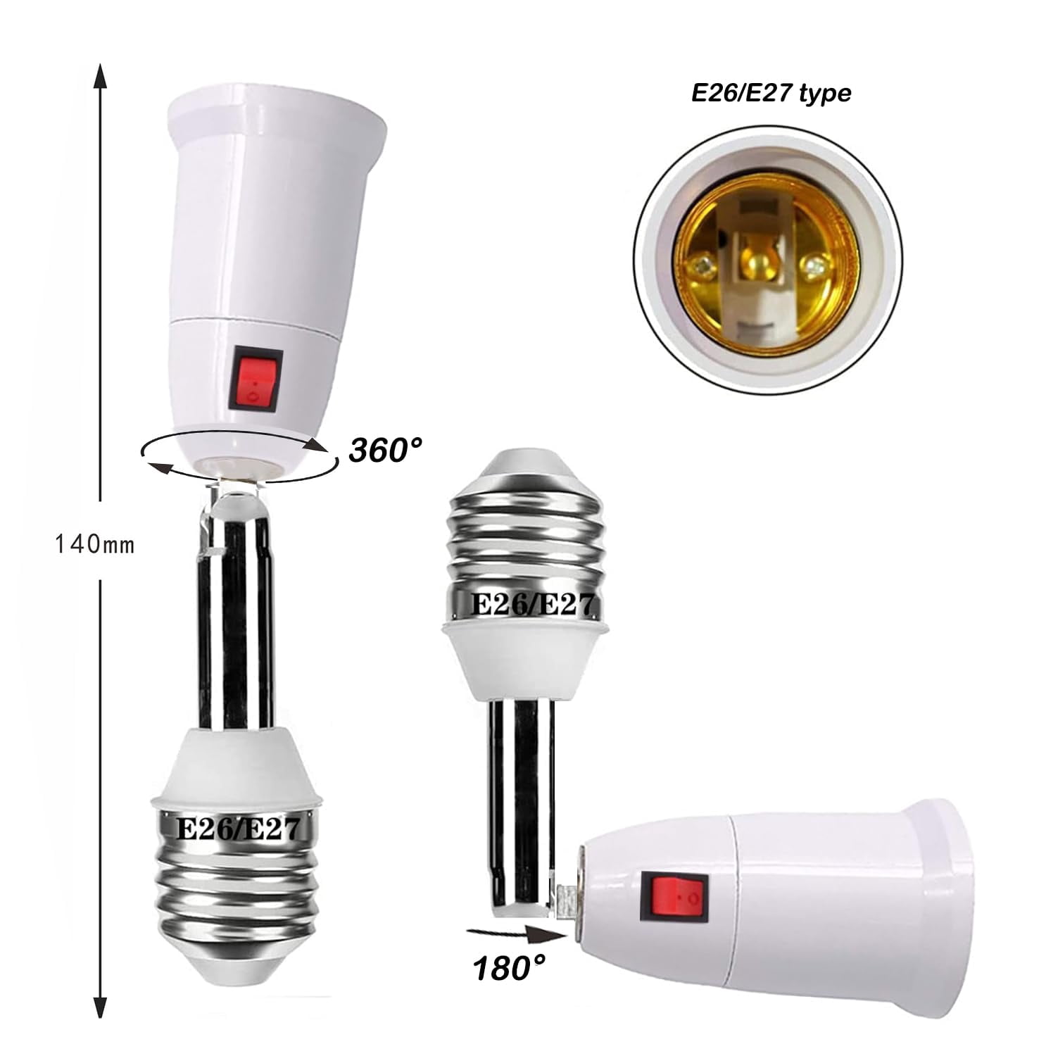 YJYASX-360° Adjustable Splitter Socket Adapter. E26/E27 Light Socket ...