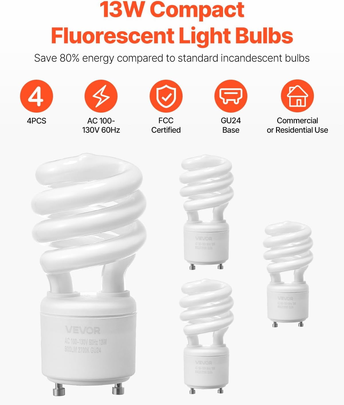 YJYASX-4-Pack CFL Light Bulbs, 13W Compact Fluorescent Spiral Bulbs ...