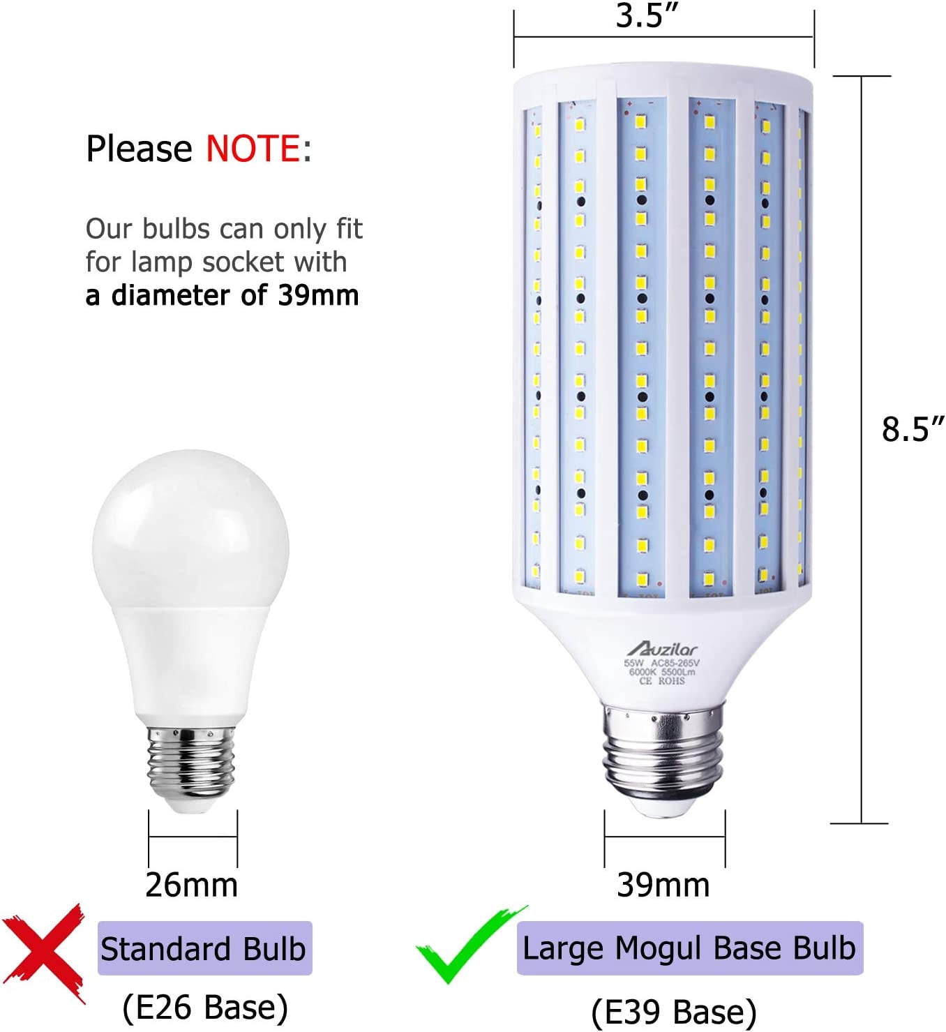YJYASX-55W LED Corn Light Bulb (E39 Large Mogul Base) 5500Lm 6000K Cool ...