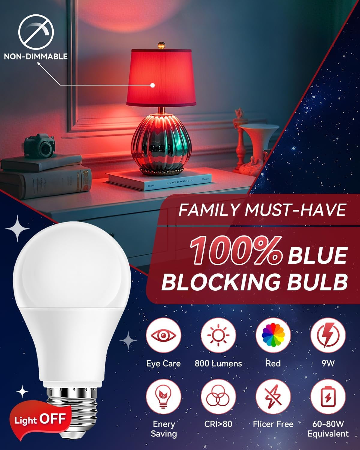 YJYASX-625nm Red Light Bulbs for Sleep, 100% Blue Light Blocking Light ...