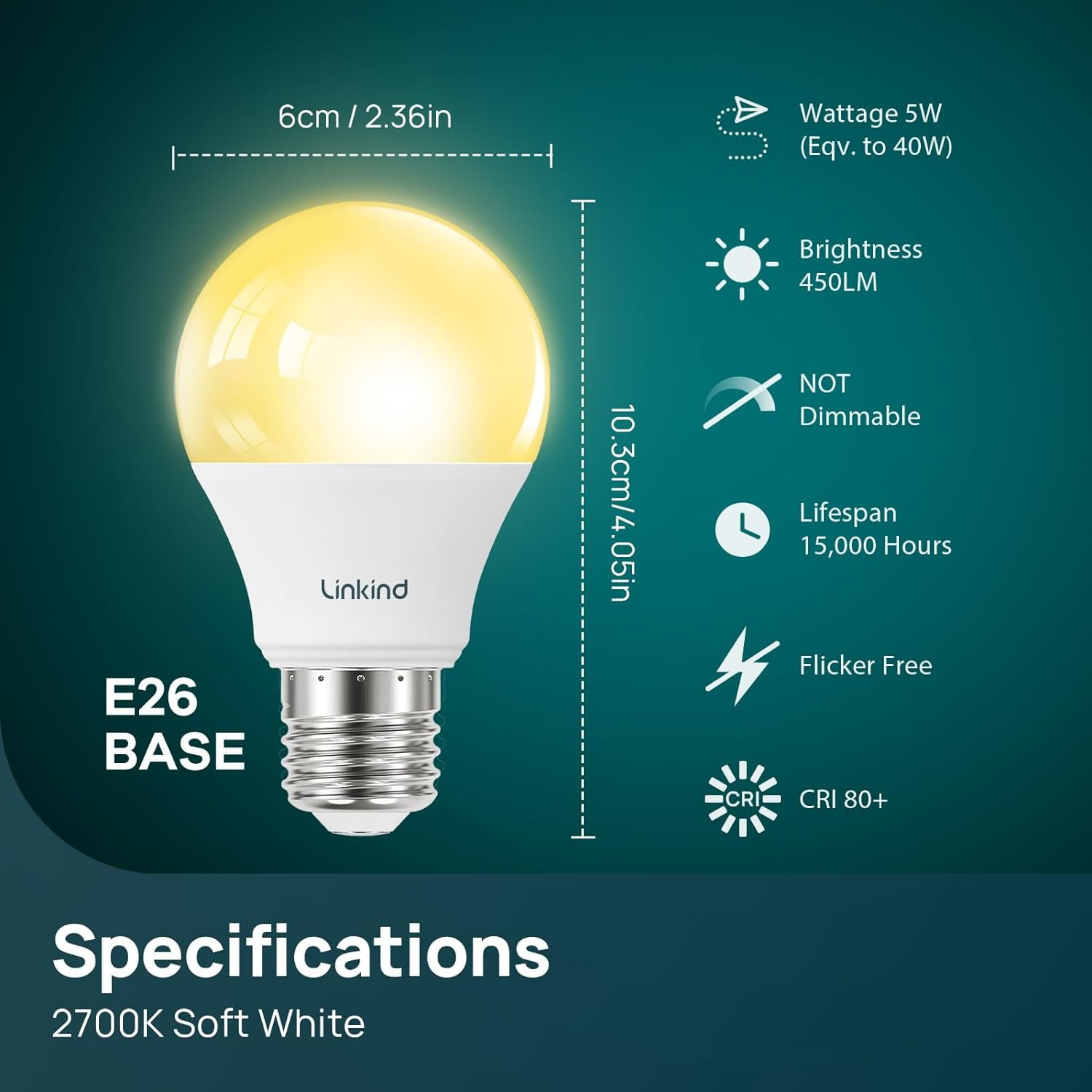YJYASX-A19 LED Light Bulb, 40W Equivalent, 5W 2700K Soft White, 450 ...