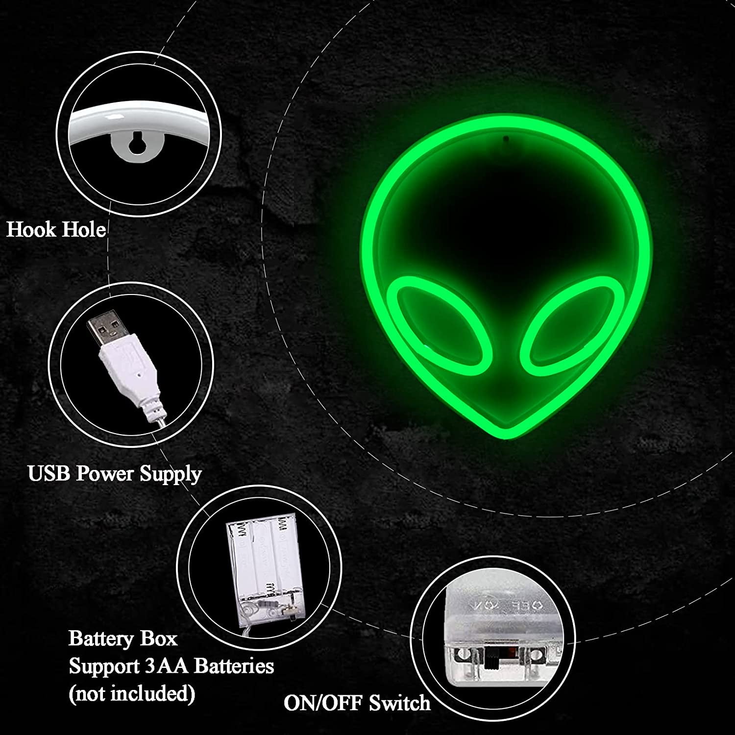 YJYASX-Alien Neon Sign Green LED Alien Neon Light USB/Battery Operated ...