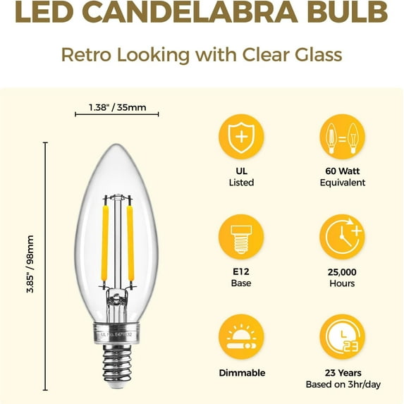 YJYASX-E12 LED Candelabra Bulb, 60W Equivalent, Dimmable Chandelier LED ...