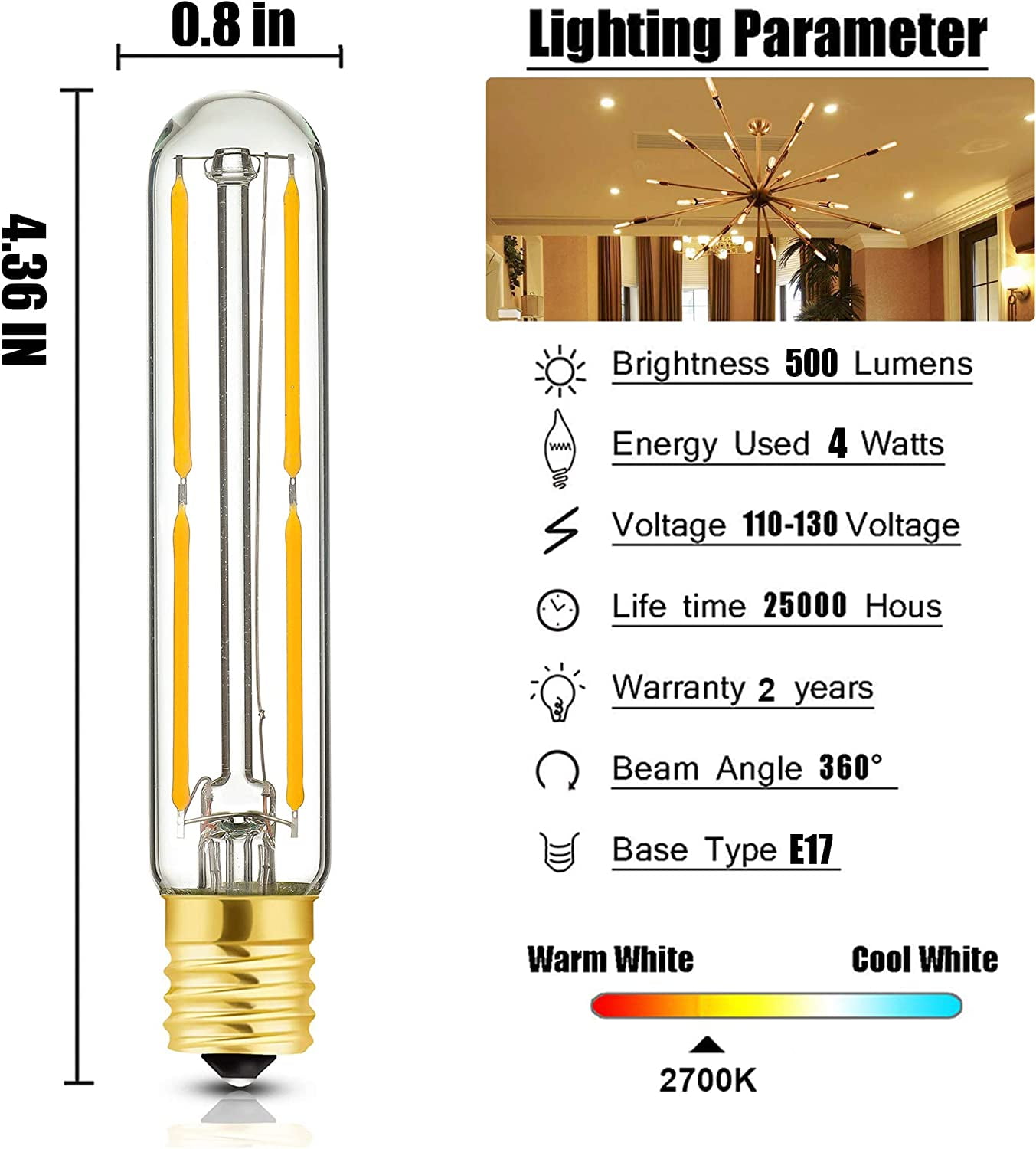 YJYASX-E17 T6.5 LED Tubular Filament Bulb,Dimmable 4W Led Tube Bulbs ...