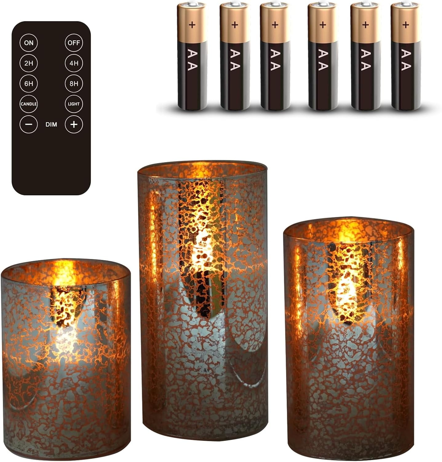 YJYASX-Flameless Silver Mercury Glass LED Pillar Candles with Remote ...