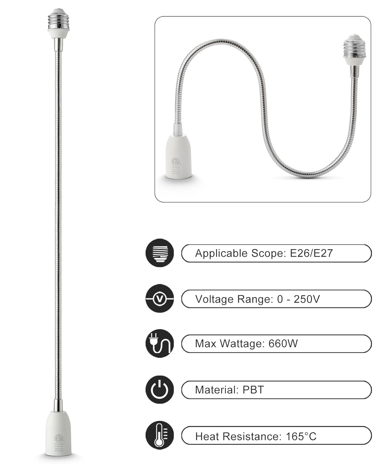 YJYASX-Light Socket Extender, 2 Ft - 60 CM Flexible Extension Socket ...